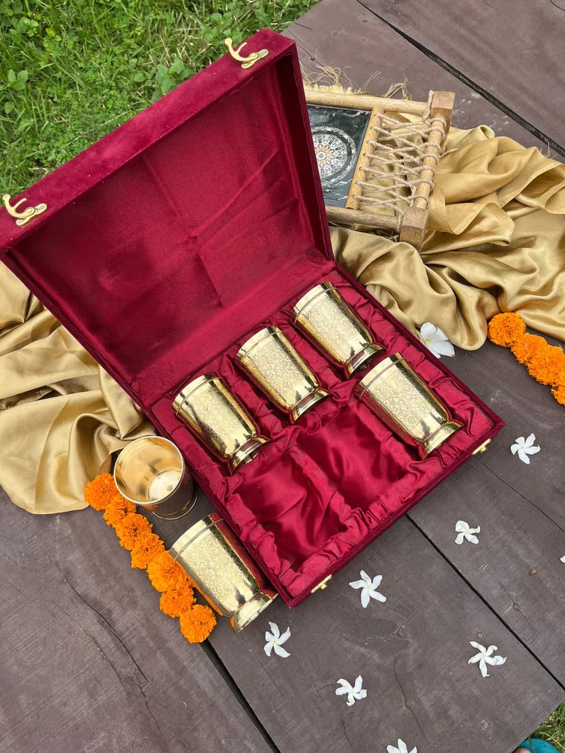 Brass 6 Glasses Set in Velvet Box