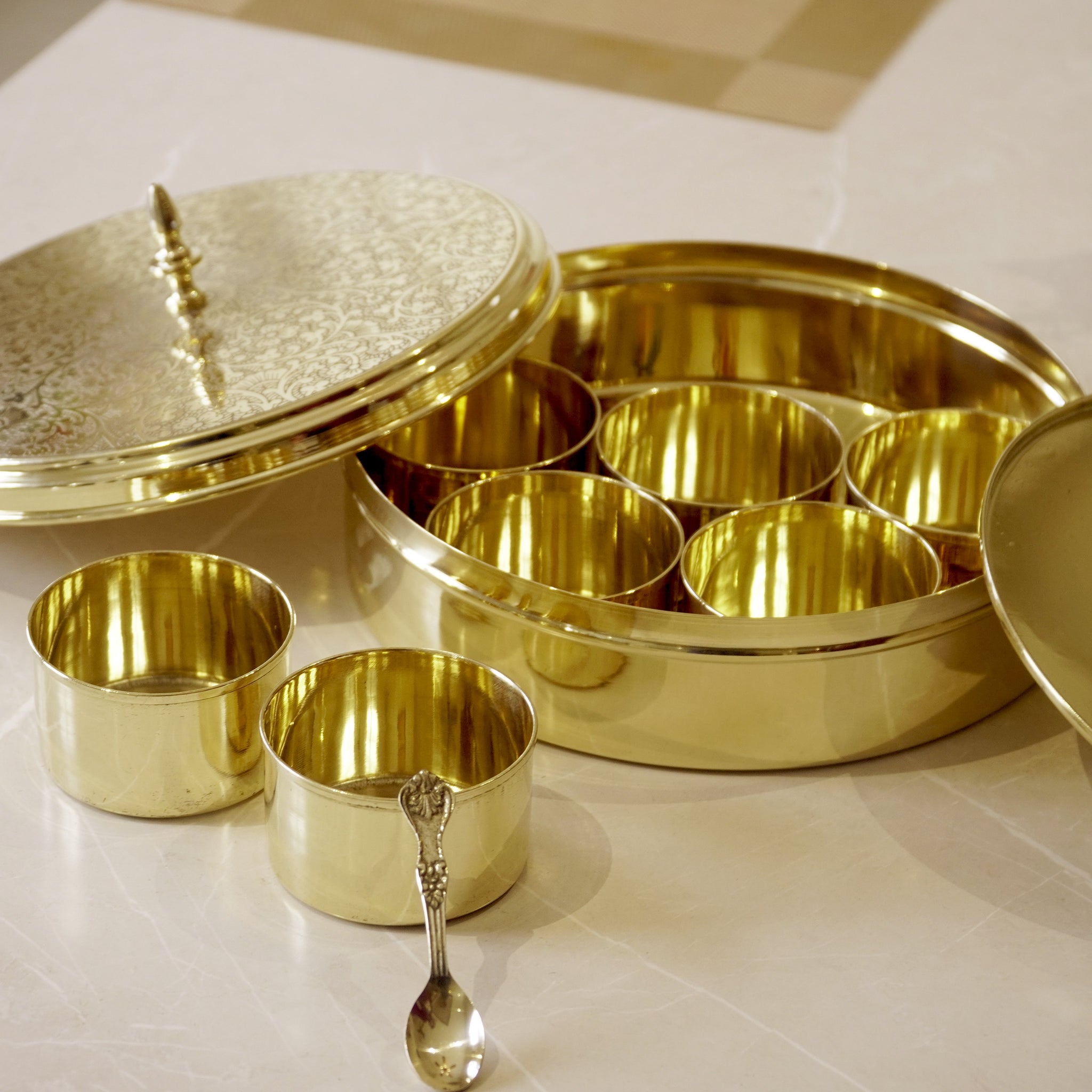 9inch Brass Etched Spice Box - Top-Quality