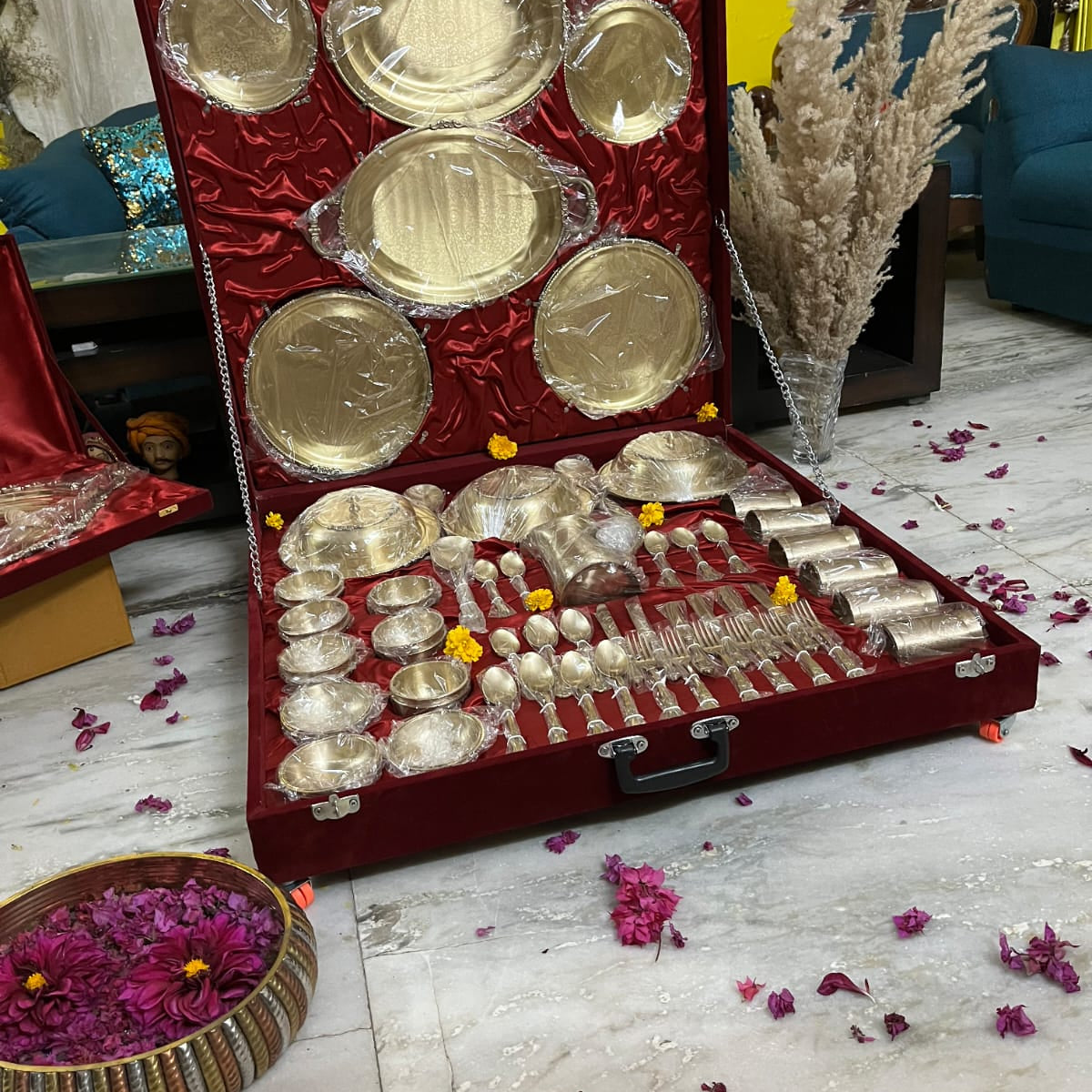 Brass / Pital Dinner Set Online | 70 Pieces with Velvet Box – Brass Globe