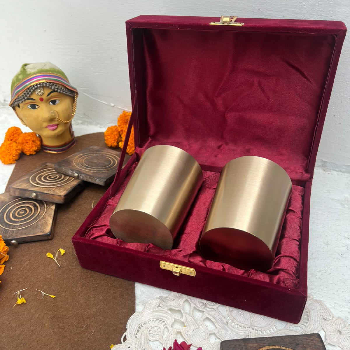 Bronze / Kansa Glasses with Velvet Box – Brass Globe